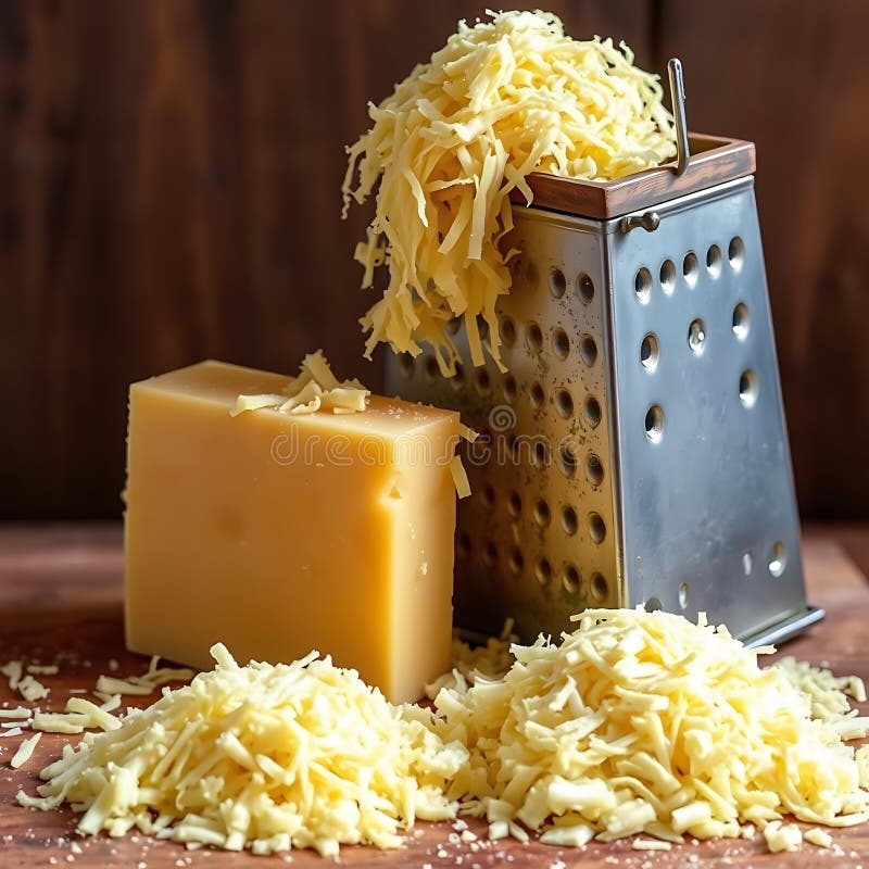A Rustic Cheese Grater Shredding a Block of Cheddar with Piles of ...