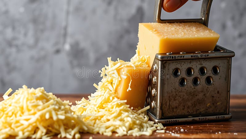 A Rustic Cheese Grater Shredding a Block of Cheddar with Piles of ...