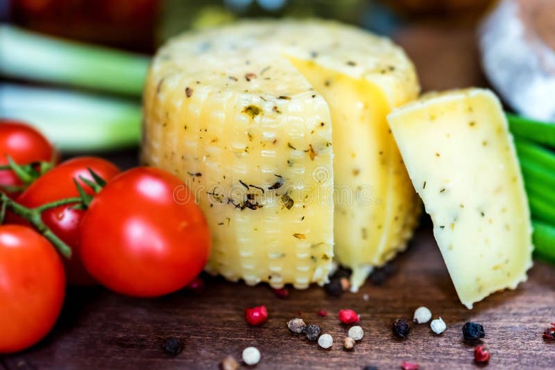 Rustic Cheese with Herbs, Pepper and Vegetables Stock Image - Image of ...