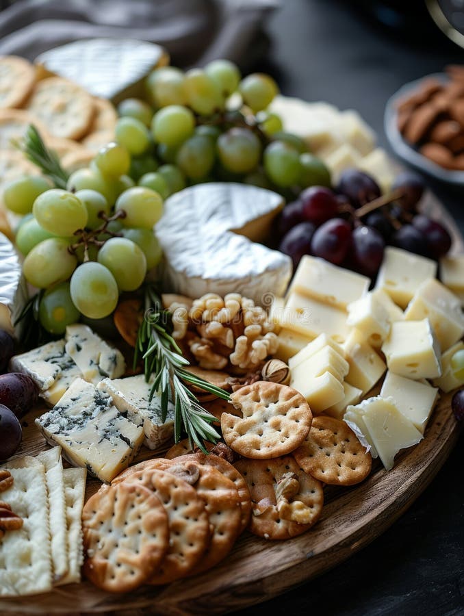 A Rustic Cheese Platter with Assorted Cheeses, Grapes, and Crackers ...