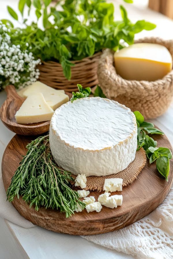 Rustic Cheese Platter with Brie, Herbs, and Gouda in Rustic Setting ...
