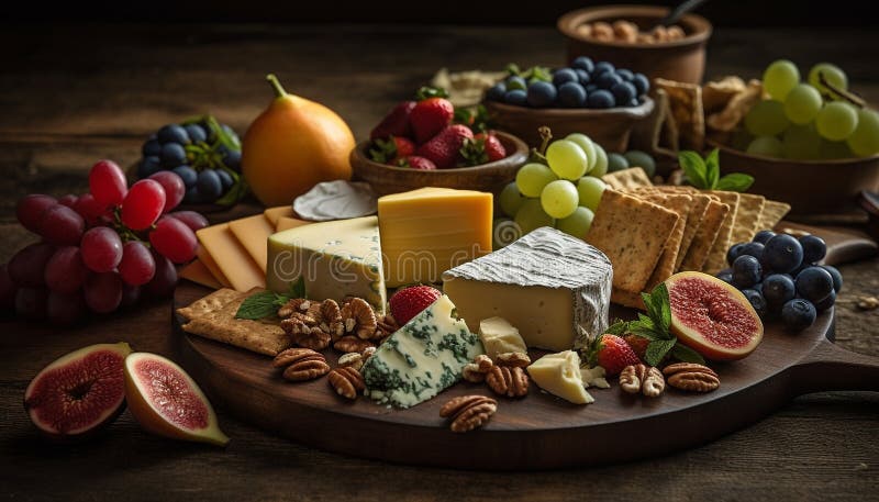 A Rustic Cheese Platter with Fresh Fruit and Organic Wine Generated by ...
