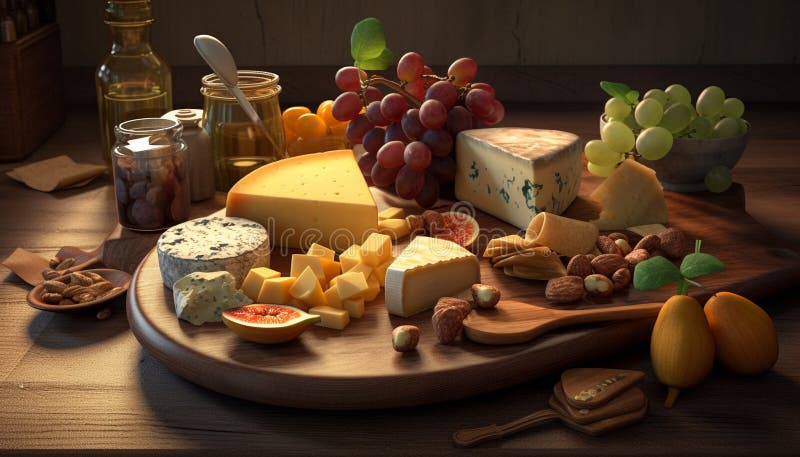 Rustic Cheese Platter with Fresh Fruit and Wine Generated by AI Stock ...