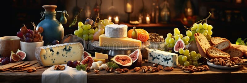 A Rustic Cheese Platter with Fruits, Nuts, and Bread Set in a Cozy ...