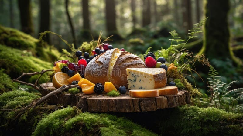 A Rustic Cheese Platter Surrounded by Fruits and Greenery in a Forest ...