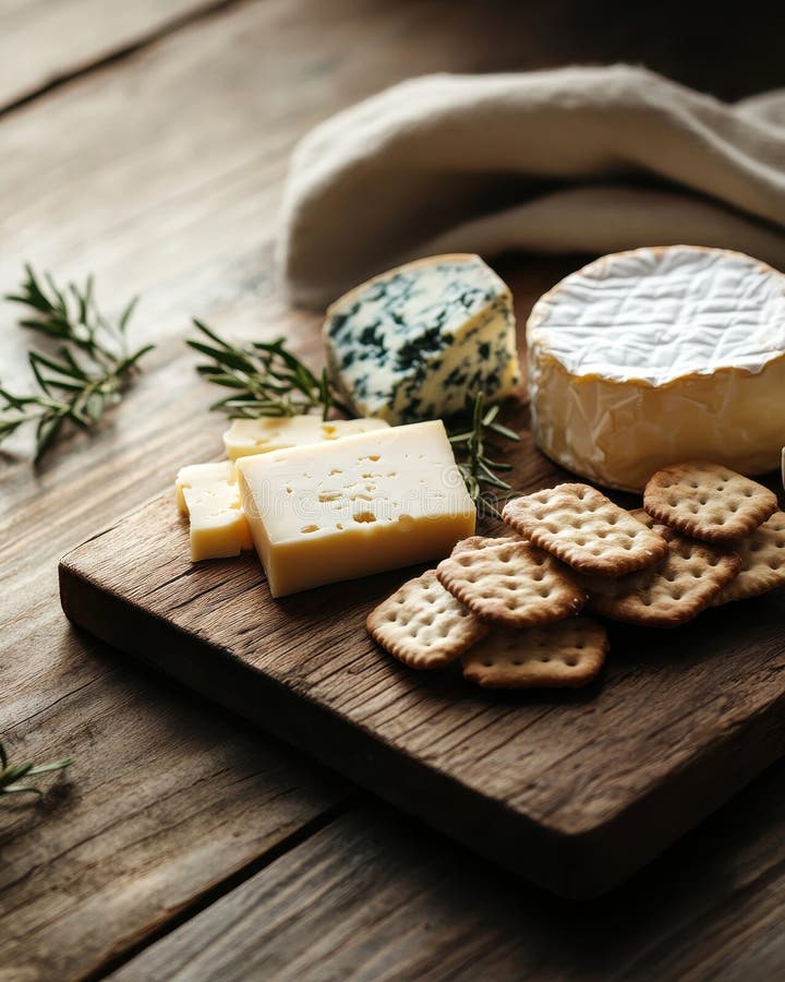 A Rustic Cheese Platter with Various Cheeses, Crackers, and Herbs on a ...