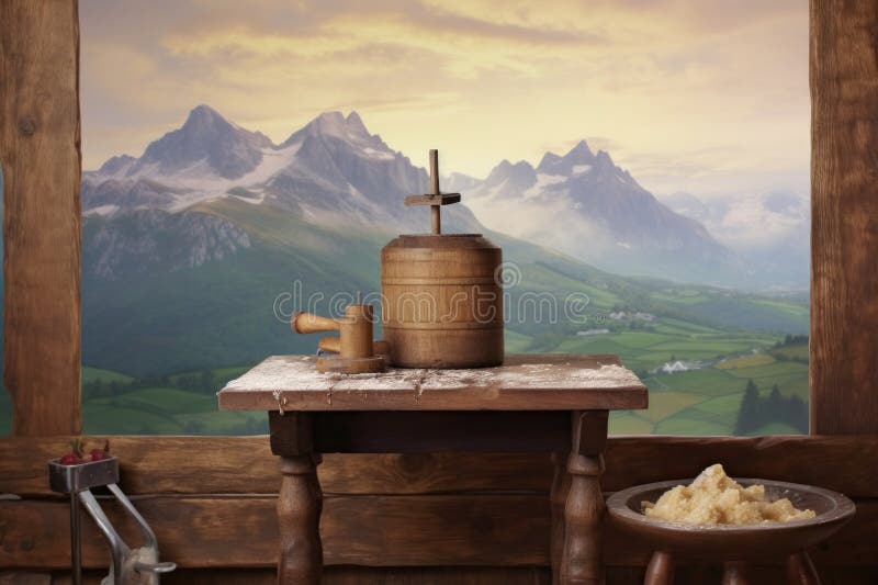Rustic Cheese Press with Mountain Backdrop Stock Illustration ...