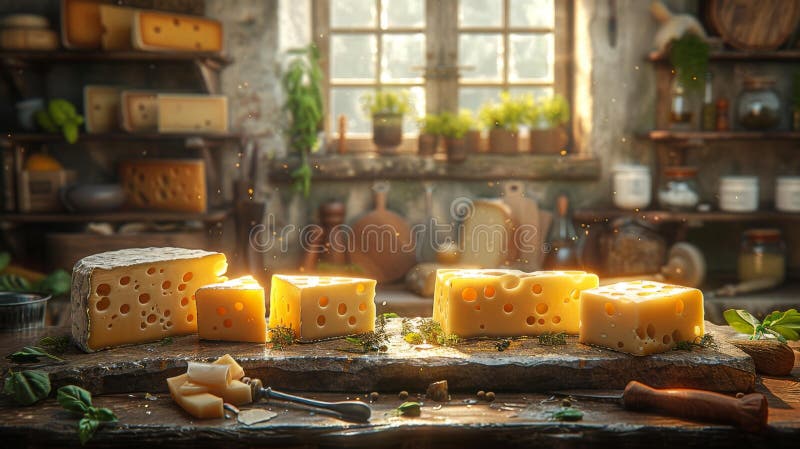 Rustic Cheese Selection in Cozy Kitchen Setting - Generative Ai Stock ...