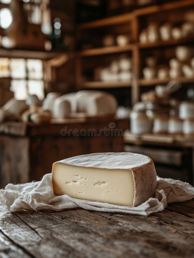 Rustic Cheese Wheel on Wooden Table in Cozy Setting. Stock Photo ...