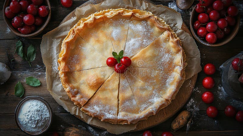 Rustic Cherry Pie, Overhead, Wooden Table, Baking Ingredients Stock ...