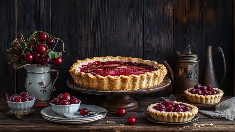 Rustic Cherry Pie on Wooden Table with Cherries Stock Illustration ...