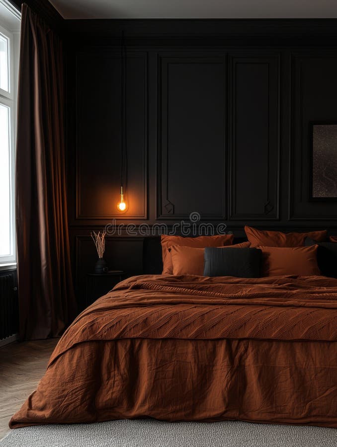 Rustic Chic Bedroom Interior Design, Dark Walls, Copper Bedding Stock ...