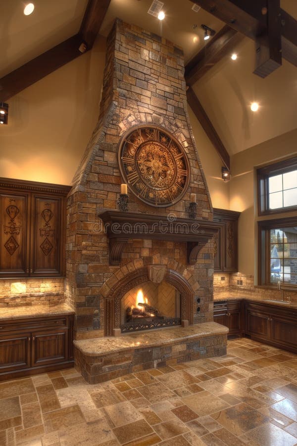 Rustic Chic Grand Stone Fireplace with Ornate Mantle in an Elegant ...