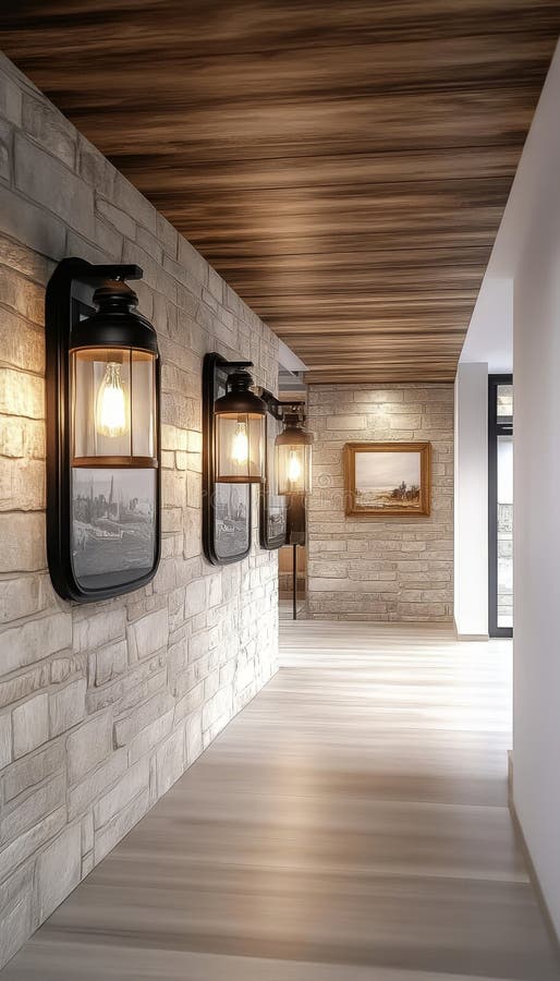 Rustic Chic Interior of a Hallway with Stone Wall, Wooden Ceiling, and Decorative Lanterns Stock ...