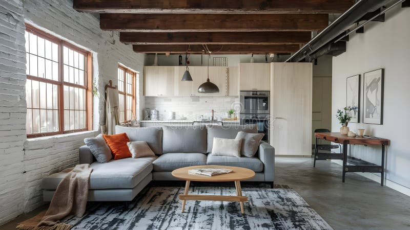 Rustic-Chic Loft Space with Comfy Sofa & Wood Accents. Concept Rustic ...