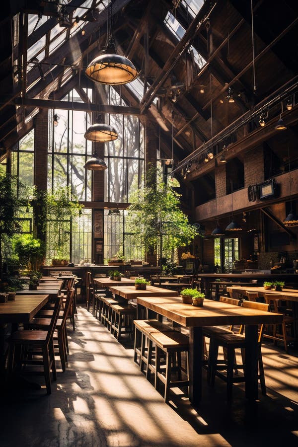 Rustic Chic Restaurant Interior with Large Windows Generated Using AI ...