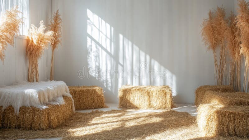 Rustic Chic SunDrenched White Room with Hay Bales and Pampas Grass ...