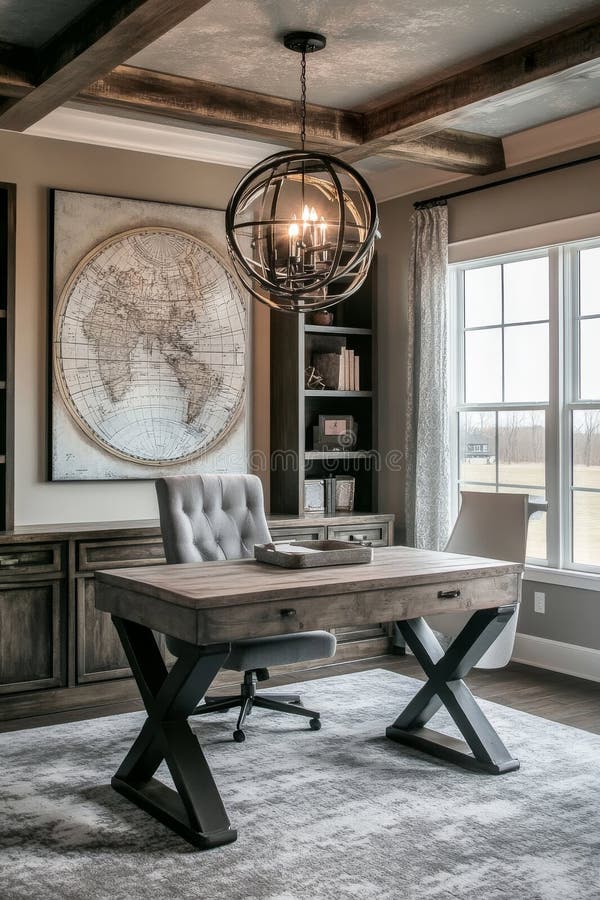 Rustic Chic Workspace with Wooden Ceiling and Wooden Furniture Stock ...