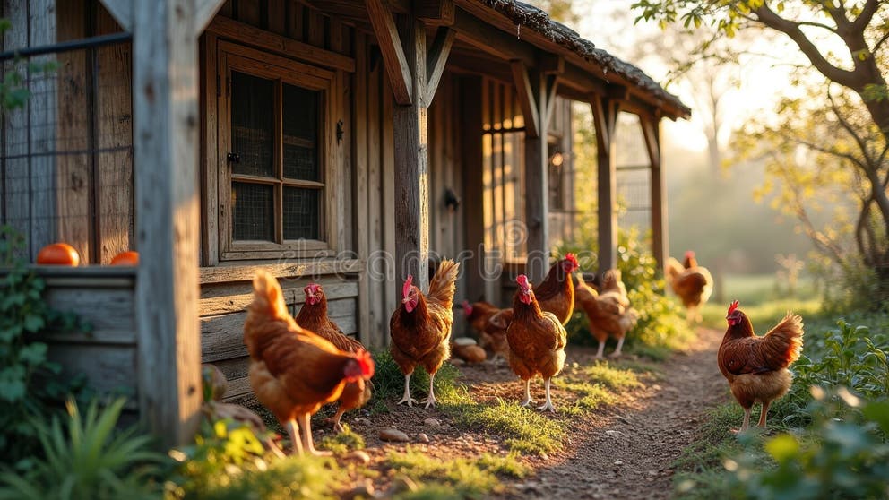 Rustic Chicken Coop with Free-range Chickens at Sunrise Stock Image ...