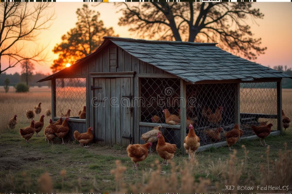 Rustic Chicken Coop with Hens at Sunset on a Farm Stock Photo - Image ...