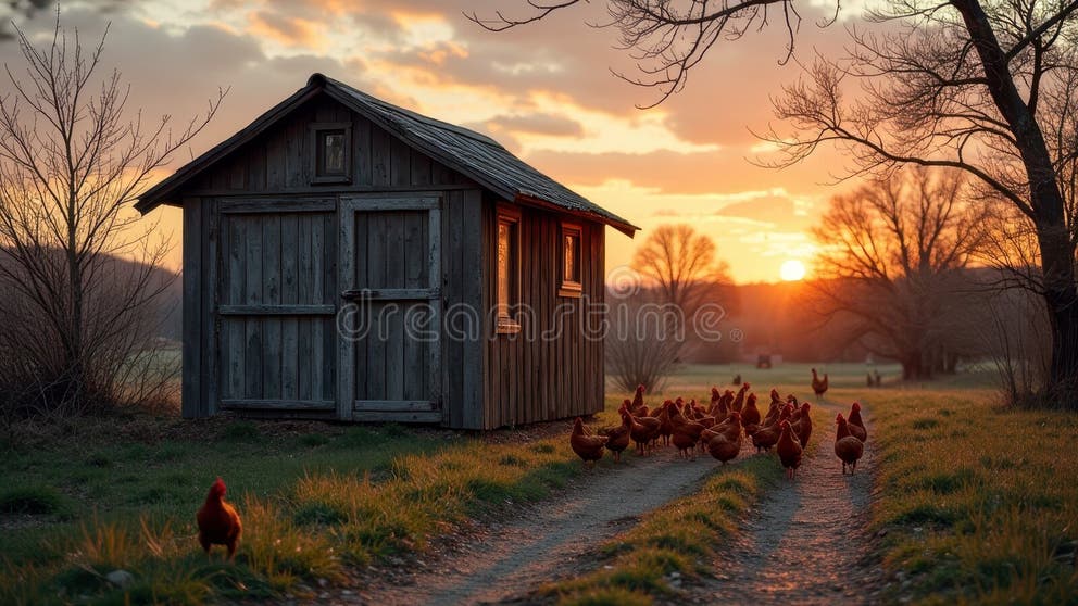 Rustic Chicken Coop at Sunset with Flock in Rural Setting Stock Image ...