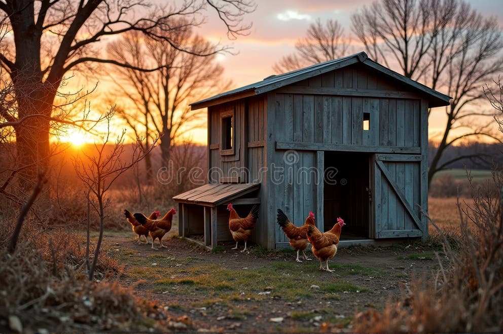 Rustic Chicken Coop at Sunset with Free-range Hens in a Tranquil ...