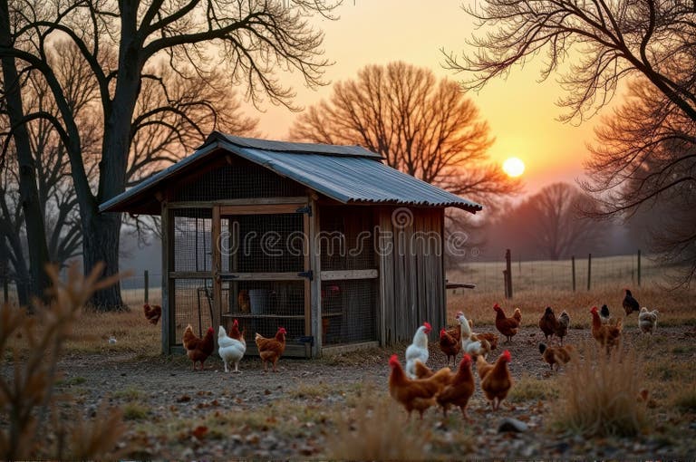 Rustic Chicken Coop at Sunset with Free-roaming Chickens in Tranquil ...