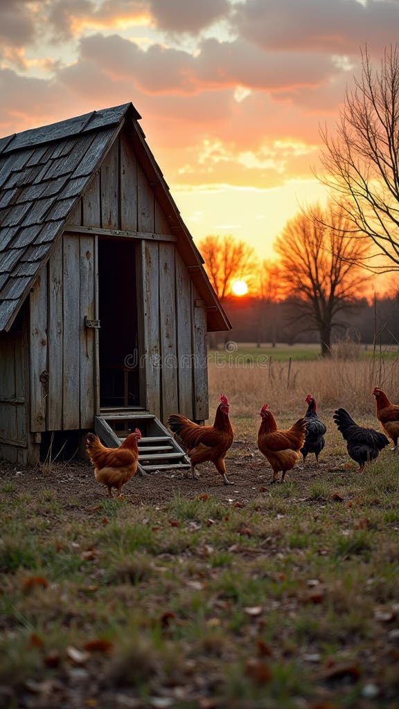 Rustic Chicken Coop at Sunset with Roaming Chickens in Countryside ...