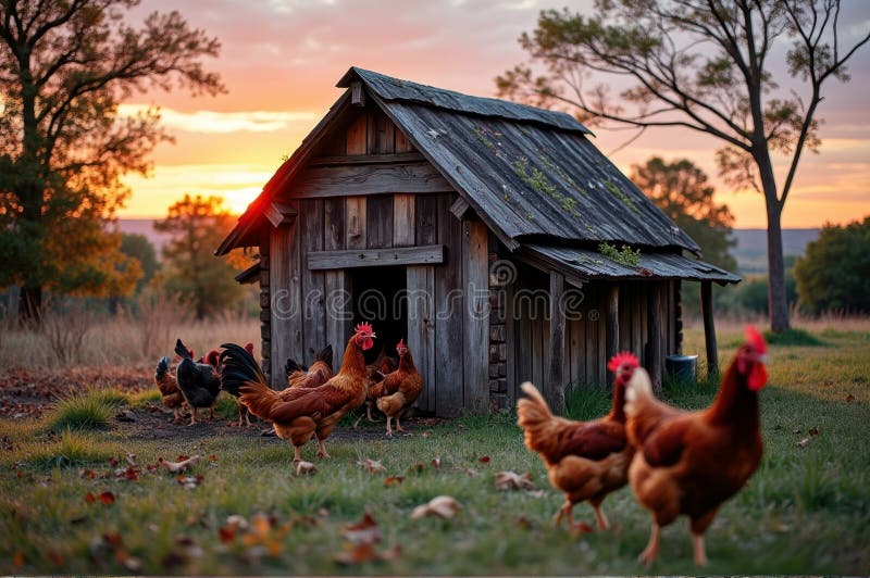 Rustic Chicken Coop at Sunset with Roaming Hens Stock Image - Image of ...