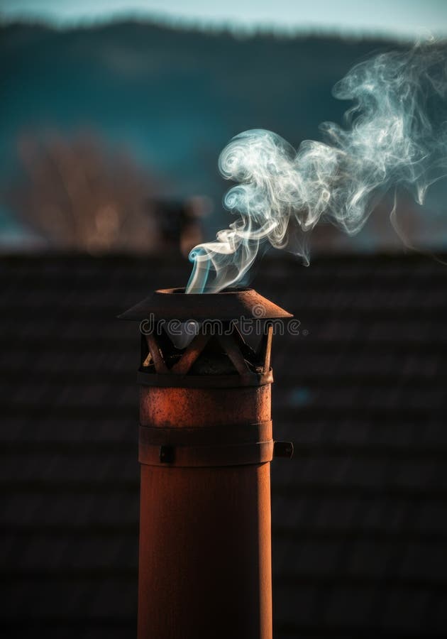 Rustic Chimney with Smoke Against a Tranquil Mountain Background at ...