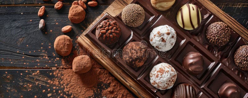 A Rustic Chocolate Background with a Selection of Chocolate Truffles ...