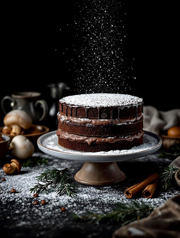 Dark Chocolate Layer Cake Sprinkled with Powdered Sugar in Rustic ...