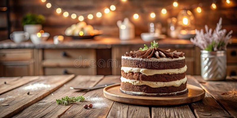 Rustic Chocolate Layer Cake on Wooden Table with Warm Lighting ...