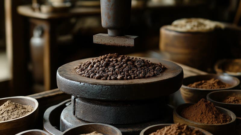 Rustic Chocolate-making Process, with a Stone Grinder Slowly Processing ...