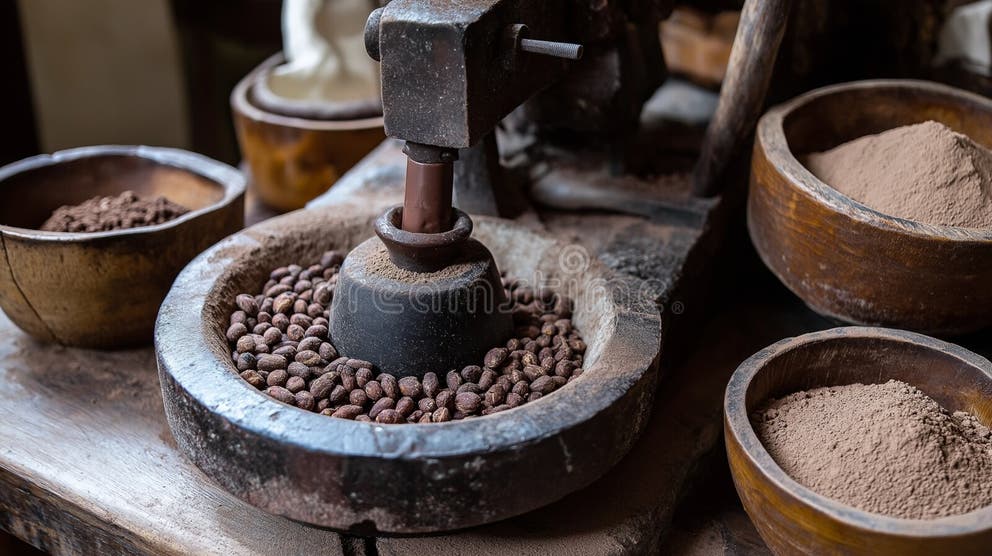 Rustic Chocolate-making Process, with a Stone Grinder Slowly Processing ...
