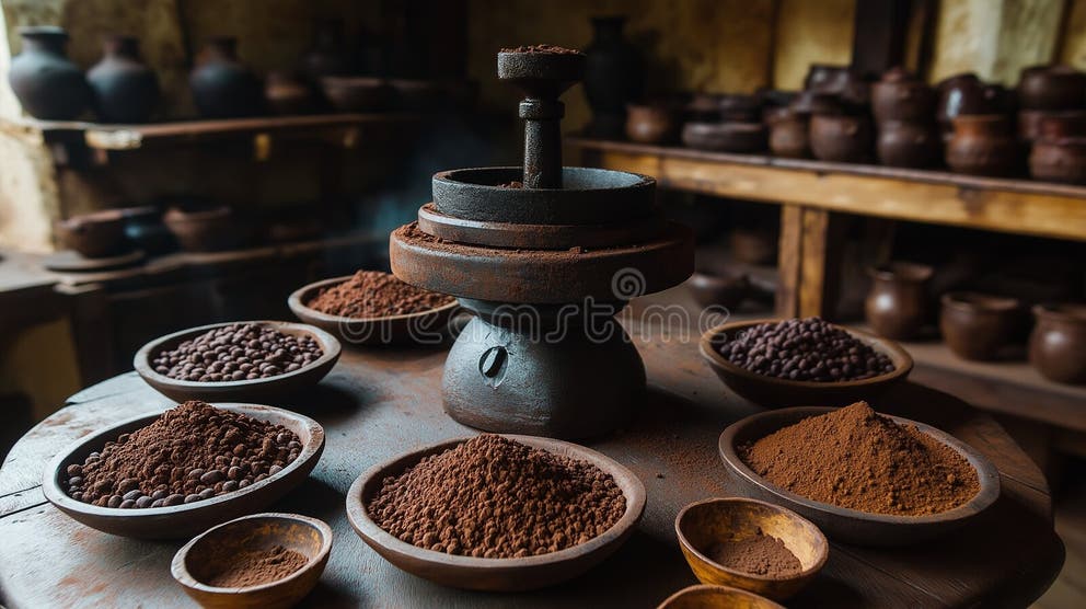 Rustic Chocolate-making Process, with a Stone Grinder Slowly Processing ...