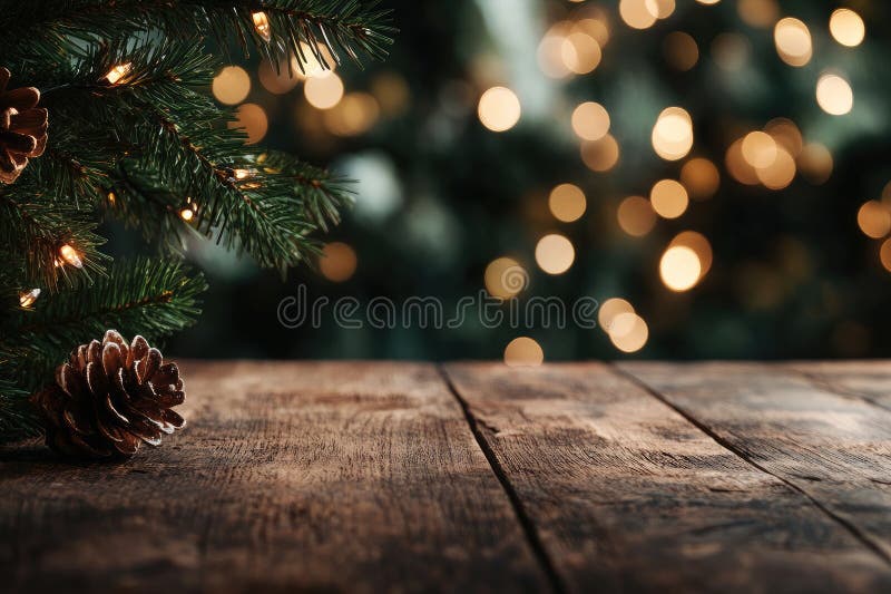 Rustic Christmas Background with Pinecones and Lights Stock Photo ...
