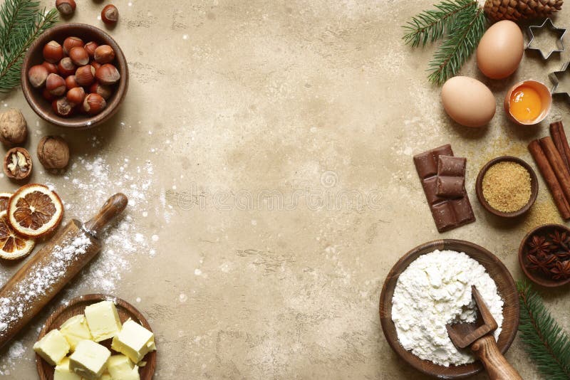 Rustic Christmas Baking Background with Ingredients for Making C Stock ...