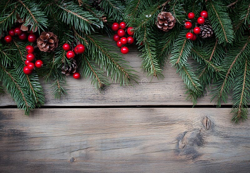 Rustic Christmas Border with Evergreen Branches and Berries Stock ...