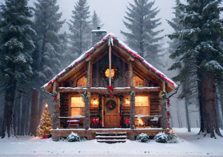 A Rustic Christmas Cabin, during a Snowstorm. Generative AI Stock Illustration - Illustration of ...