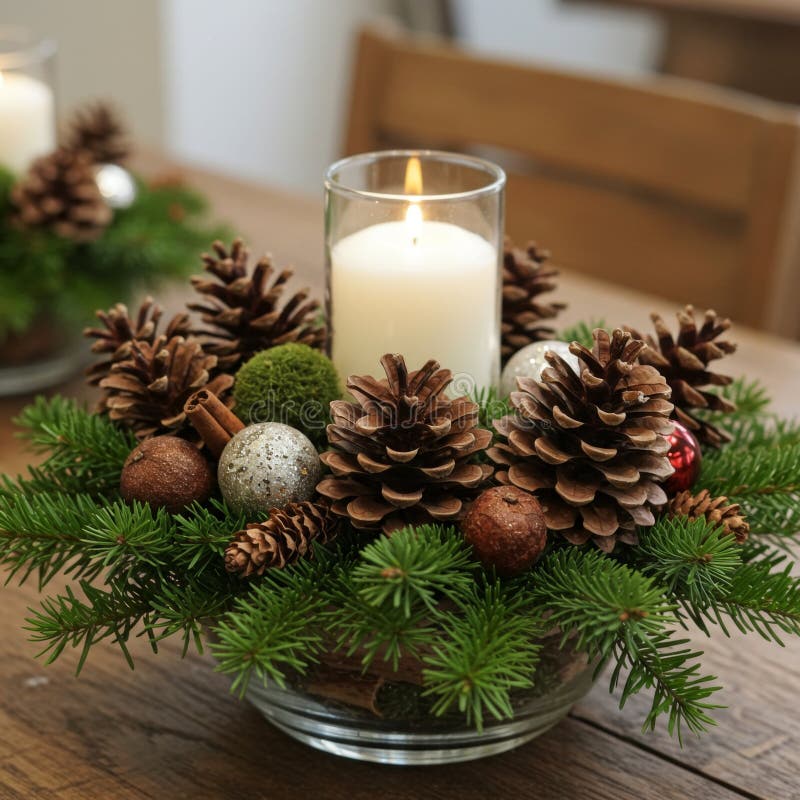 Rustic Christmas Centerpiece with Pine Cones and Candle Stock ...