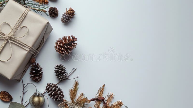 Rustic Christmas Decor with Pinecones and Gift Box Stock Photo - Image ...