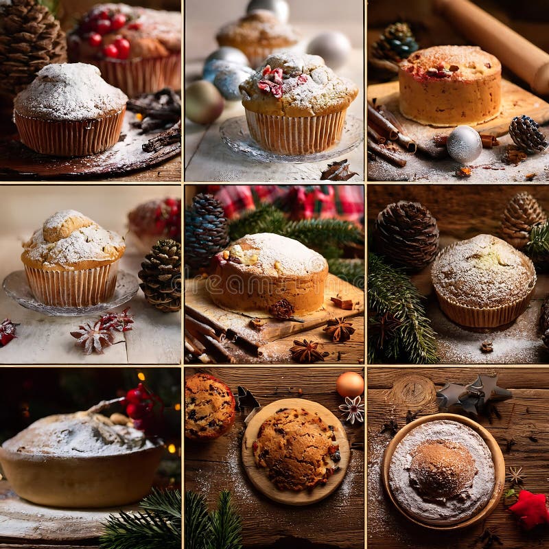 Rustic Christmas Dessert Collage Featuring Assorted Cakes, Spices, and ...
