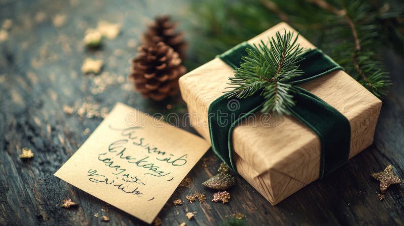 Rustic Christmas Gift Box with Evergreen and Handwritten Note Stock ...
