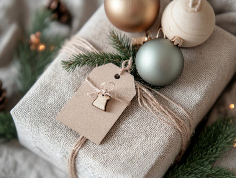 Rustic Christmas Gift Box with Ornaments and Tag Stock Illustration ...