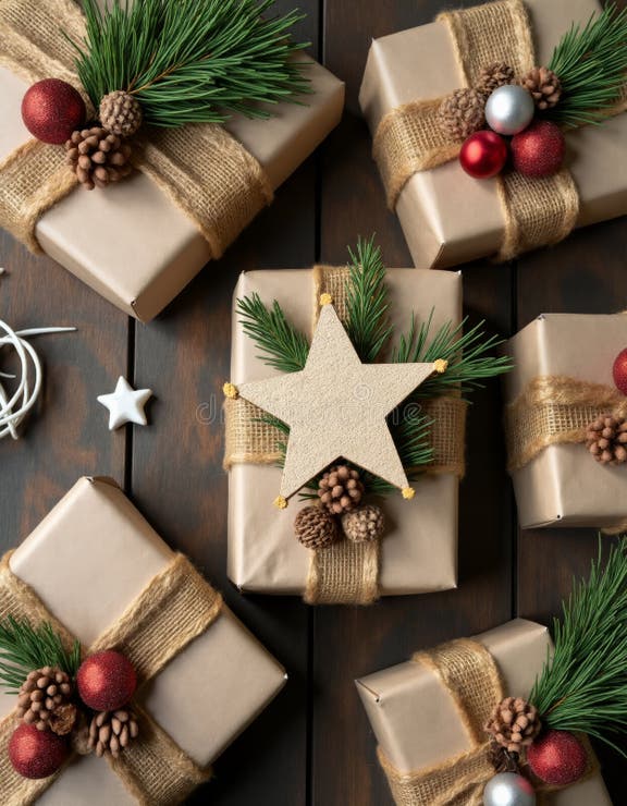 Rustic Christmas Gift Boxes with Natural Decorations and Pinecones ...