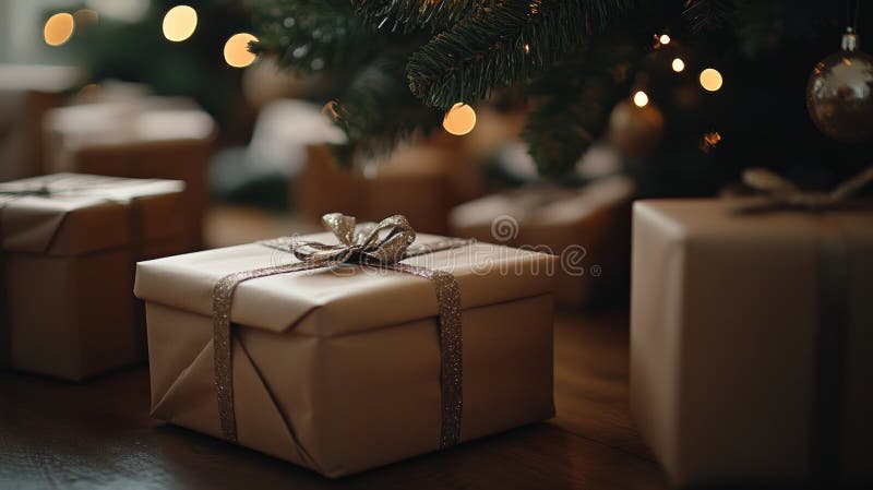 Rustic Christmas Gift Boxes Under Decorated Christmas Tree, Creating a ...