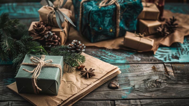 Rustic Christmas Gift Wrapping with Pinecones and Greenery Stock Image ...