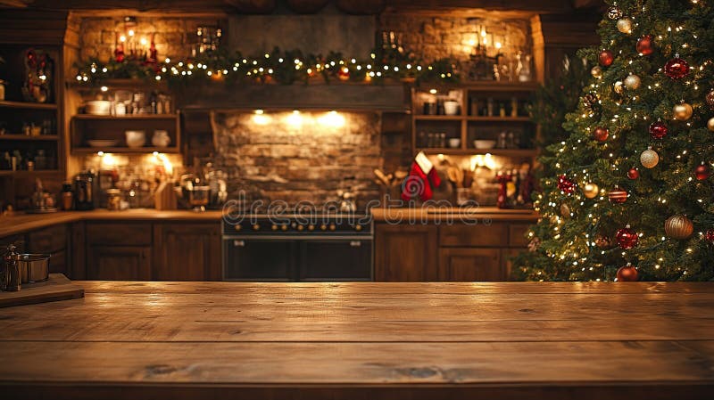Rustic Christmas Kitchen with Decorated Tree and Wooden Table Stock ...