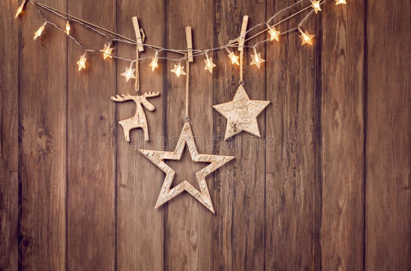 Rustic Christmas Ornaments and Lights Stock Image - Image of decor ...
